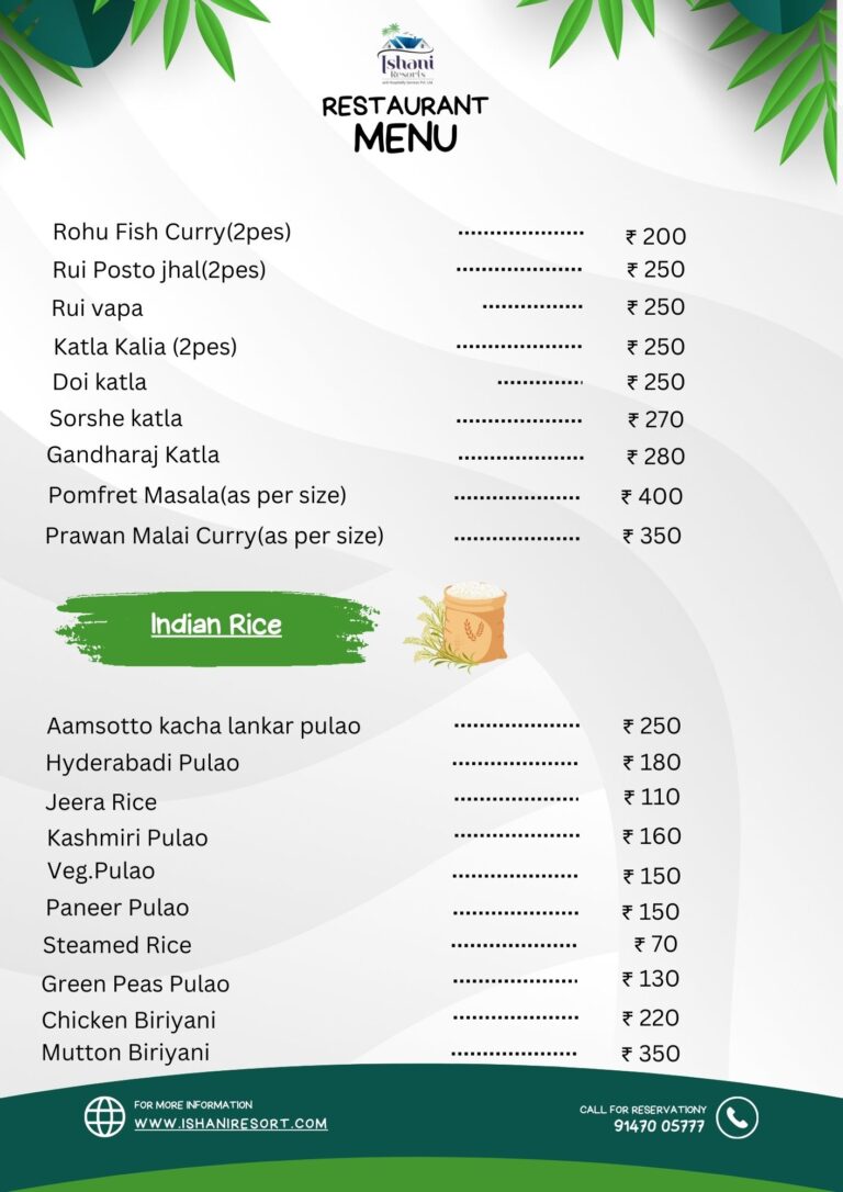 Menu – Ishani resorts & Hospitality Servises